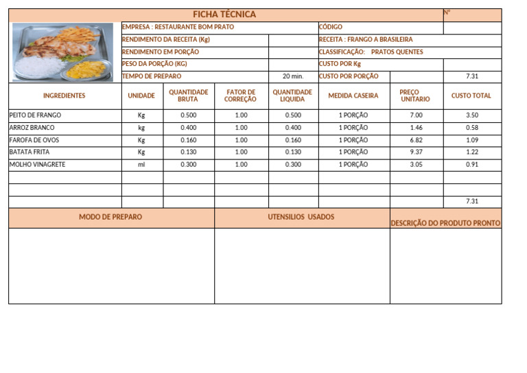 Ficha Tecnica Pratos - Restaurante | PDF