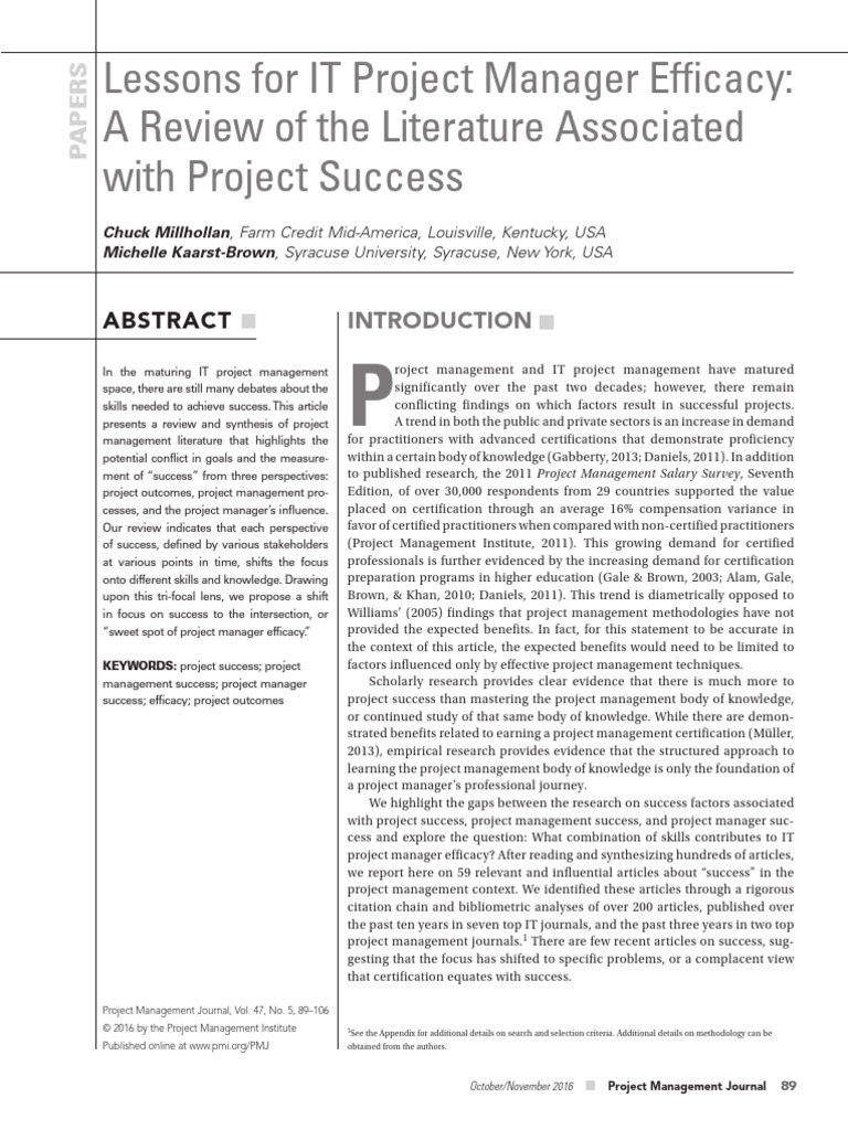 Lessons for IT Project Manager Efficacy - A Review of the Literature Associated with Project ...