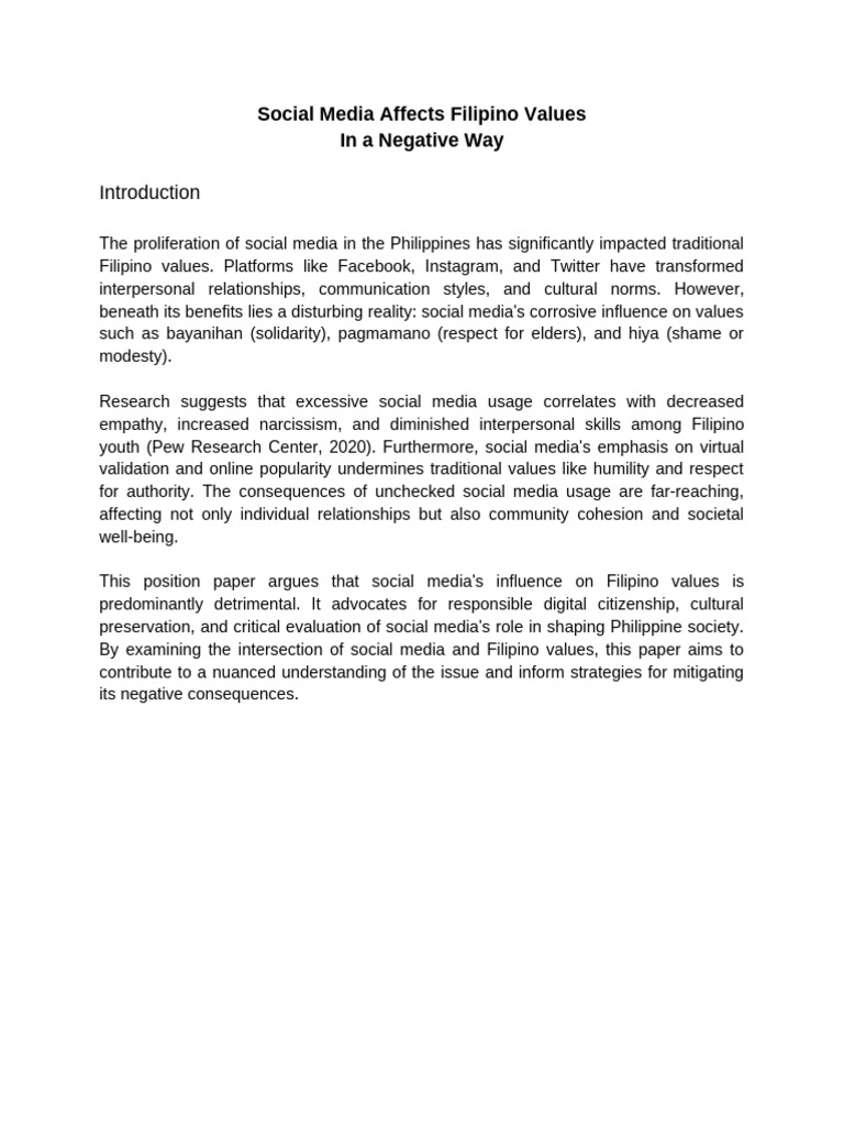 Negative Impact of Social Media on Filipino Values | PDF