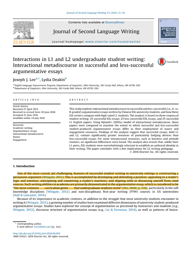 Interactional metadiscourse in successful and less-successful argumentative essays (Lee & Deakin ...