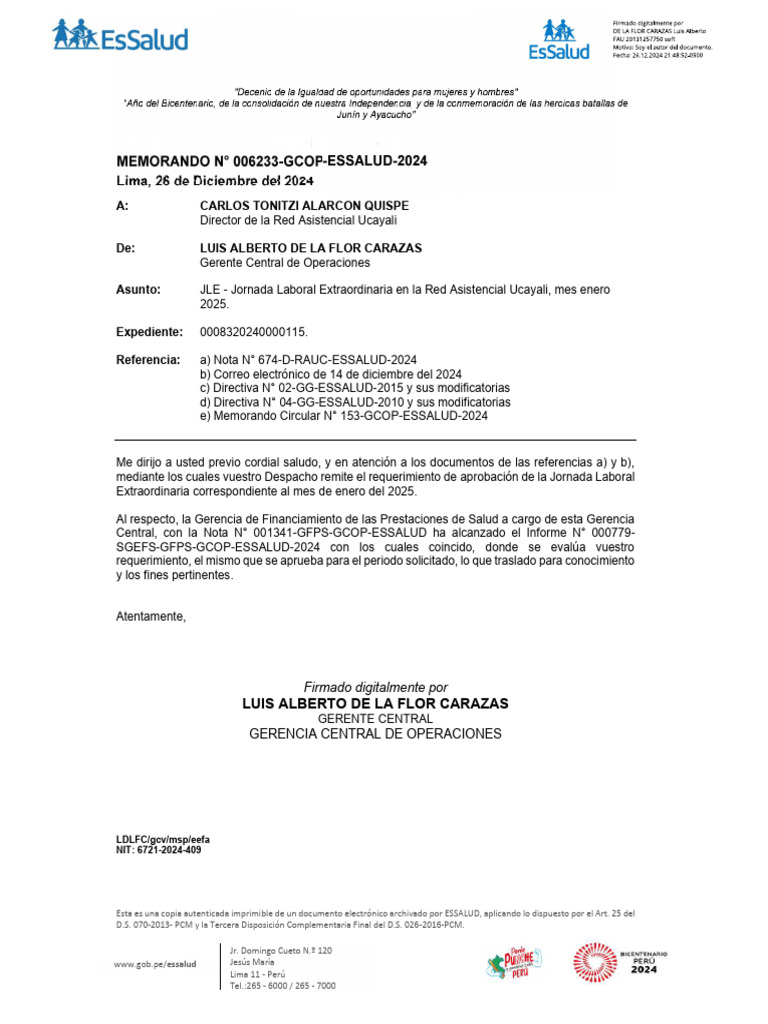 Memorando #006233-GCOP-ESSALUD-2024 | PDF