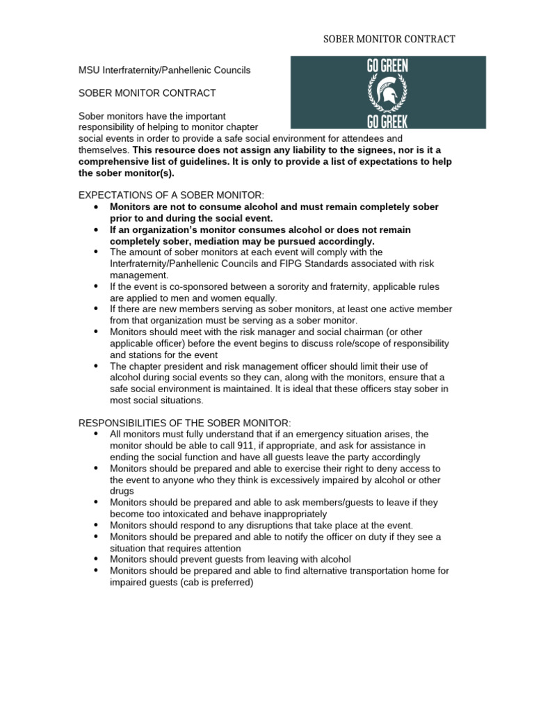 IFC Sober Monitor Contract | PDF | Fraternities And Sororities