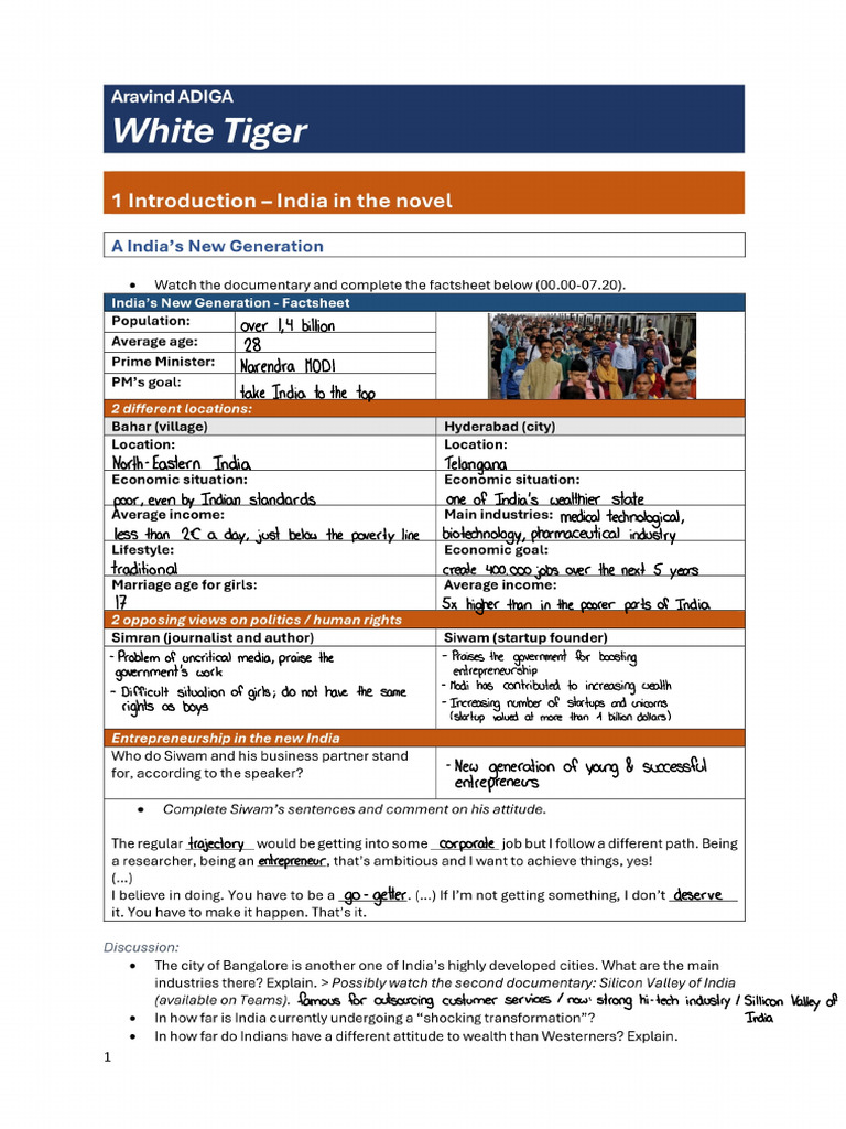 Aravind ADIGA - White Tiger - Worksheet - Image | PDF