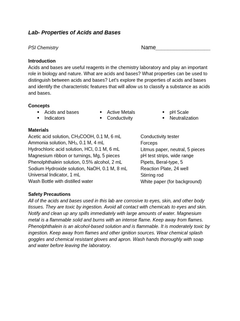 Properties of Acid Base Lab 2009-05-13 | PDF | Acid | Ph