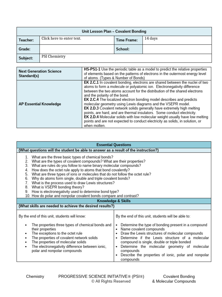 Chem Covalent Bonding Unit Plan 2022-03-02 | PDF | Chemical Bond ...