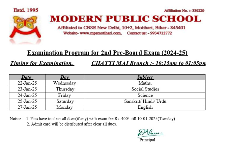 2 Pre-Board Exam Date Sheet 2024-25 | PDF