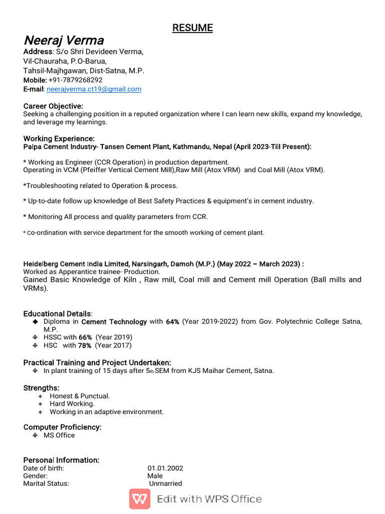 Share Neeraj Verma CV@22-1 | PDF
