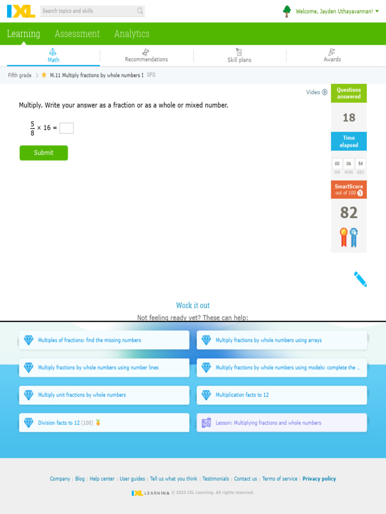IXL Multiply Fractions by Whole Numbers I 5th Grade Math | PDF ...
