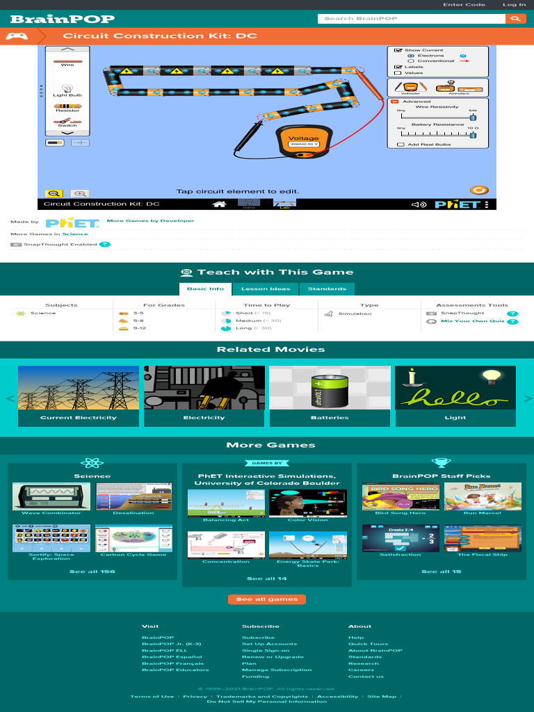 Circuit Construction Kit DC - GameUp - BrainPOP | PDF | Electricity ...