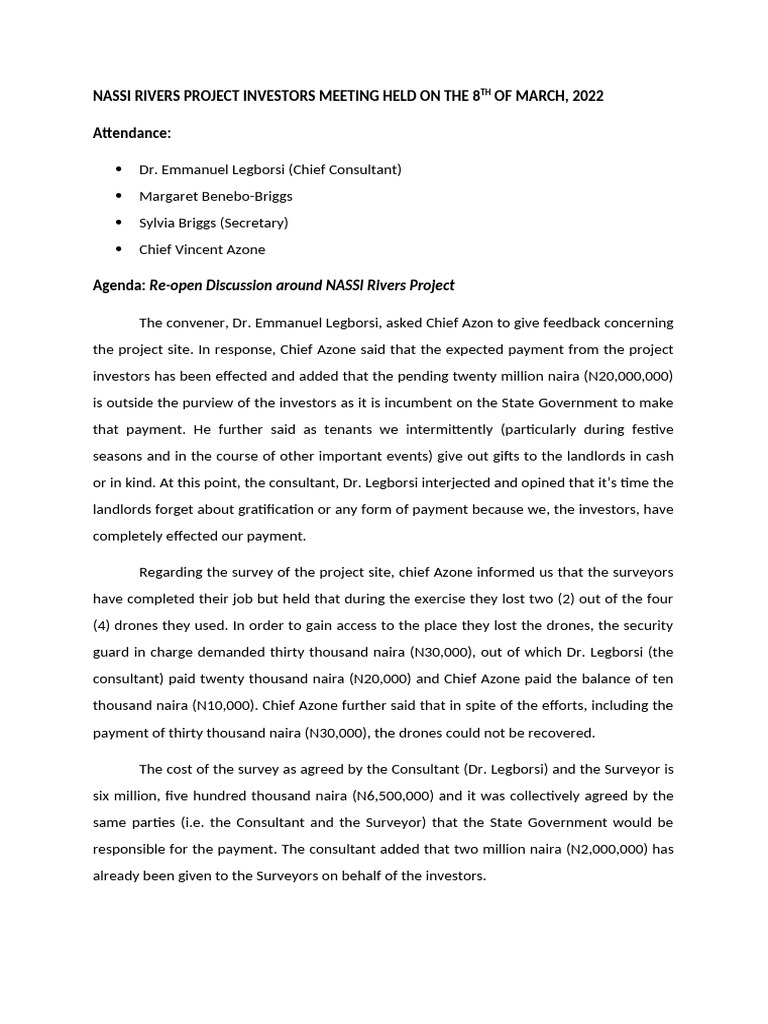 Minutes of Nassi Rivers Project Investors Meetings | PDF