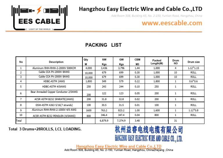 Packing List For Cable | PDF | Electricity | Electric Power
