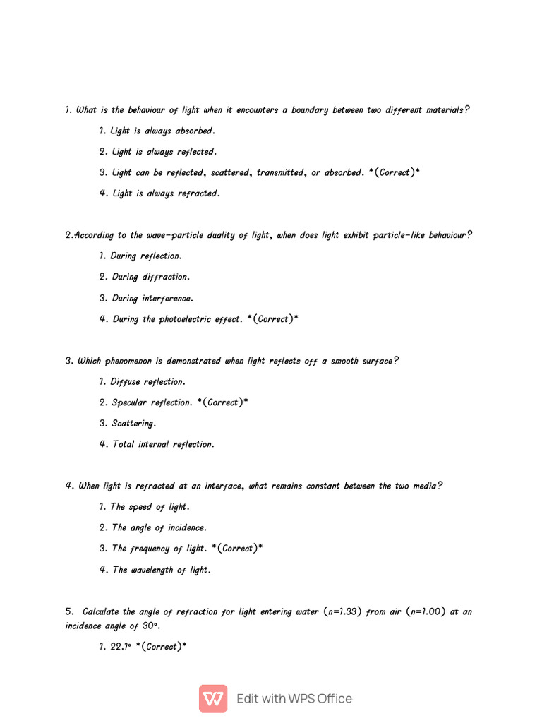 Phy 104 Practice Questions | PDF | Waves | Optics