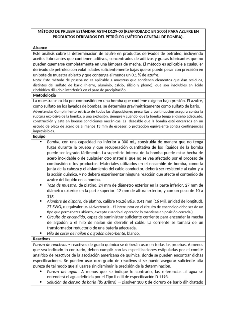 Método de Prueba Estándar ASTM D129-00 (R05) Azufre Bomba | PDF ...