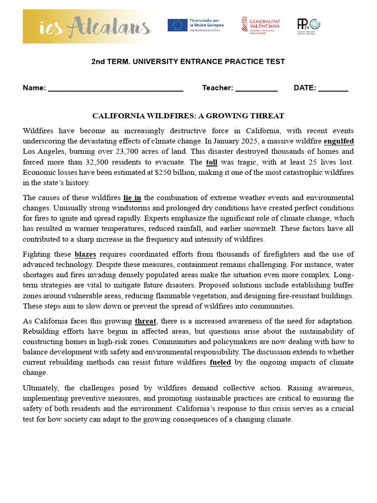2nd TERM PAU PRACTICE TEST | PDF | Wildfire | Climate Change
