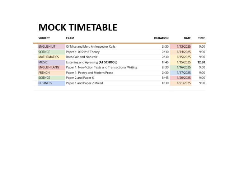 Mock Timetable - Exams | PDF