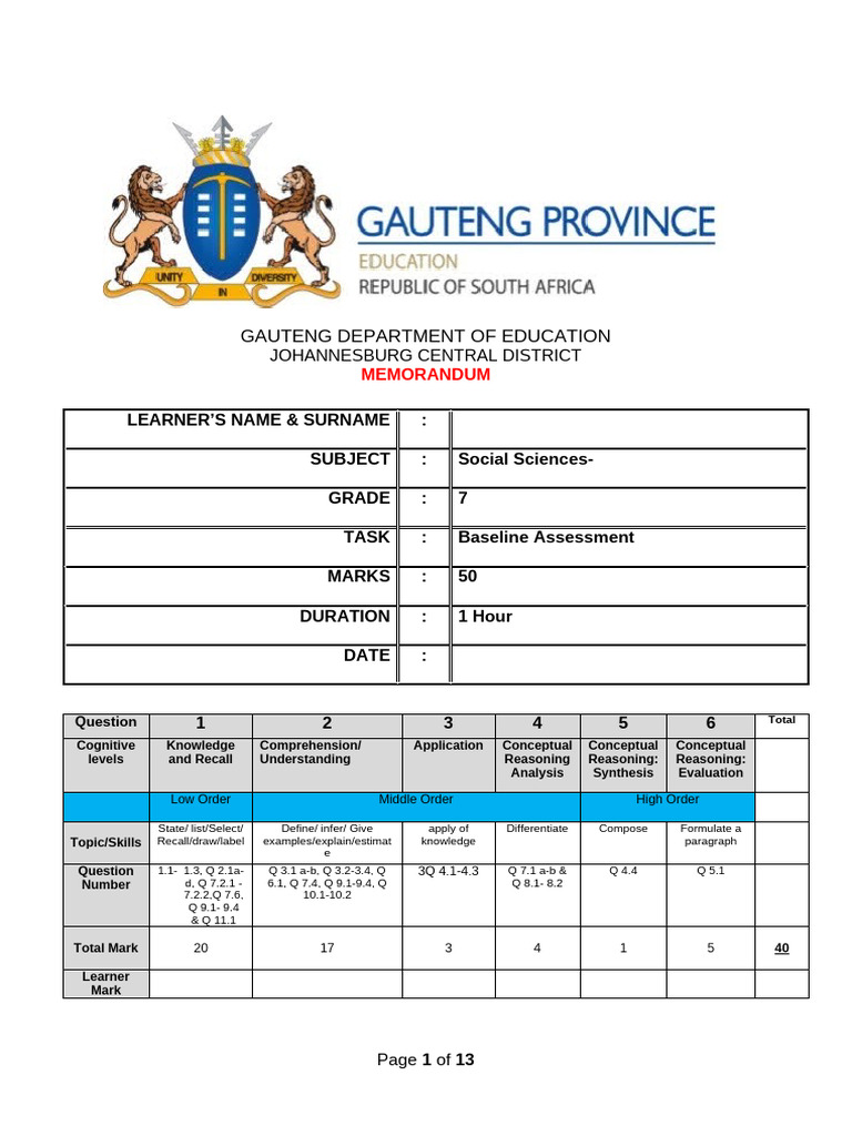 Grade 7 Geography Memorandum For The Baseline Assessement Task | PDF