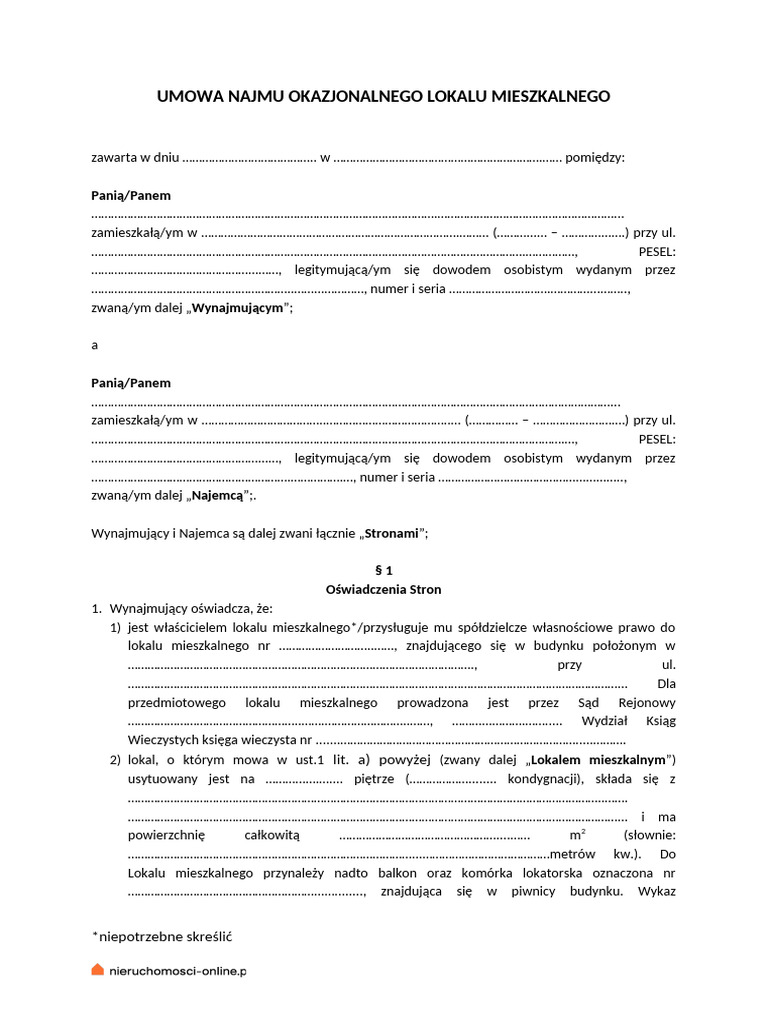 Umowa Najmu Okazjonalnego Lokalu Mieszkalnego | PDF