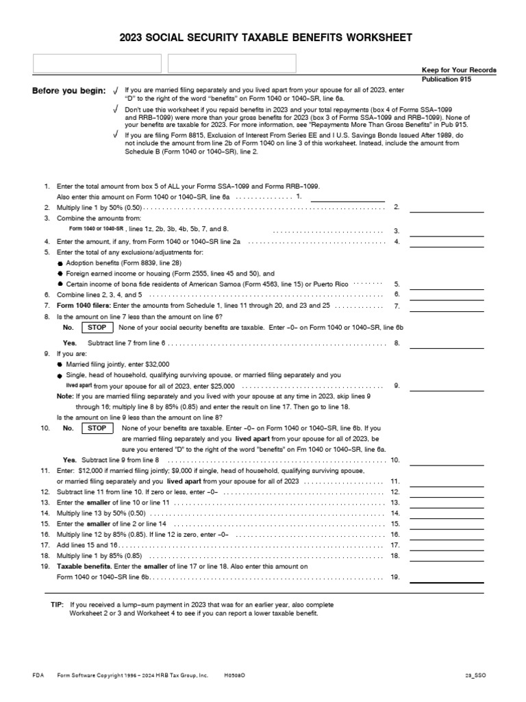 2023 Social Security Taxable Benefits Worksheet Fillable | PDF | Social ...