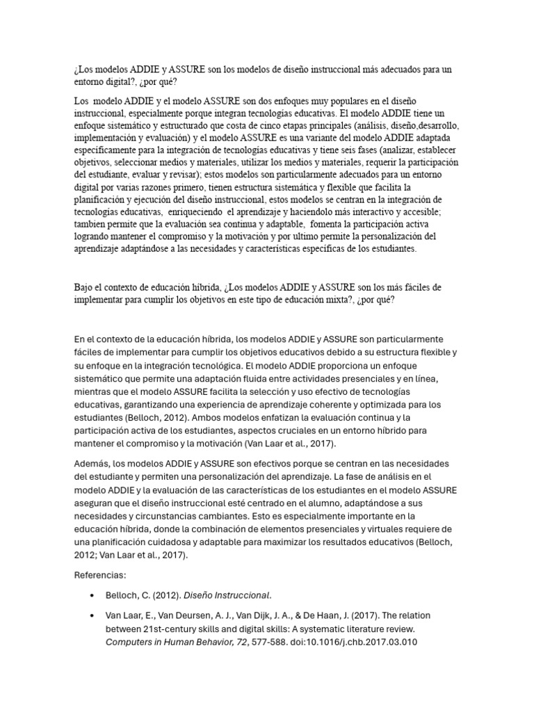 Modelos ADDIE y ASSURE en Educación Digital | PDF | Diseño ...