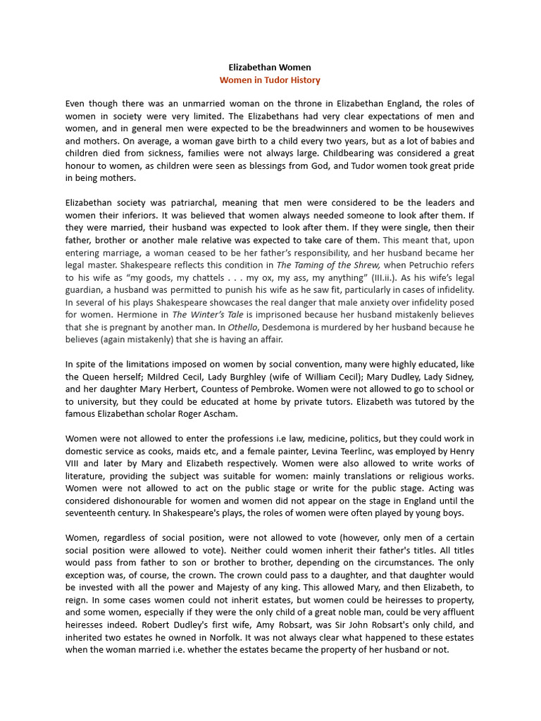 4 - Elizabethan Women Reading and Task | PDF