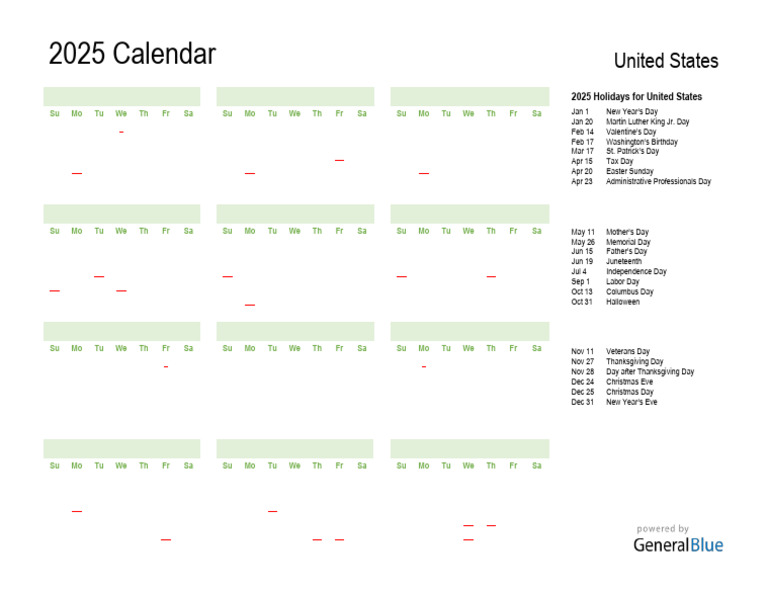 2025 Calendar Green With Holidays Landscape Sunday Start en Us | PDF ...