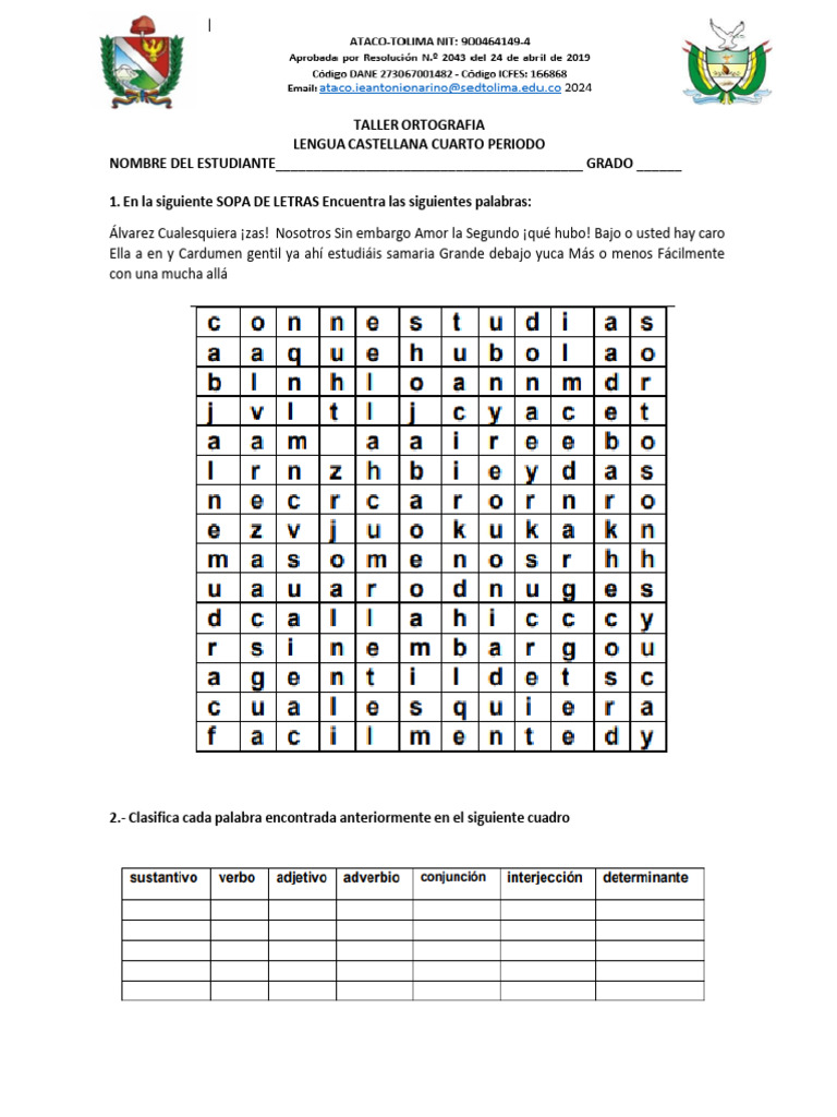 Taller de Ortografía para Cuarto Grado | PDF