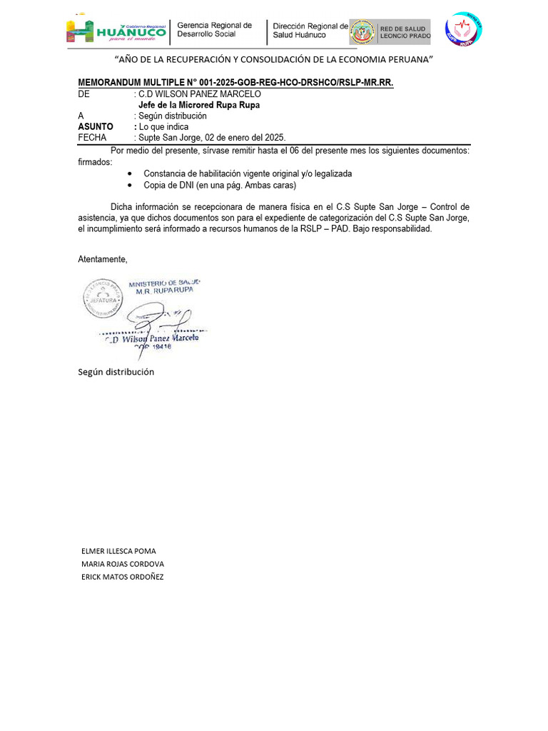 Memorandum Multiple N°001-2025 MR - RR Remitir Documentación. | PDF