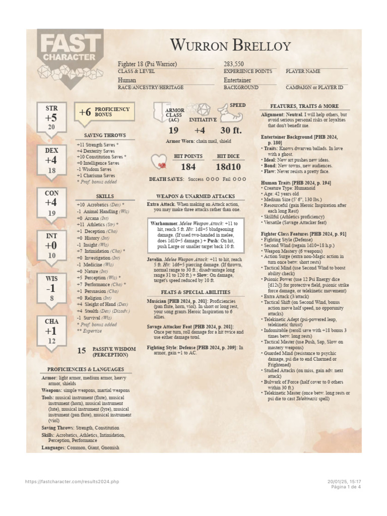 Fast Character - Human Fighter 18 (Psi Warrior) - PHB 2024 | PDF ...