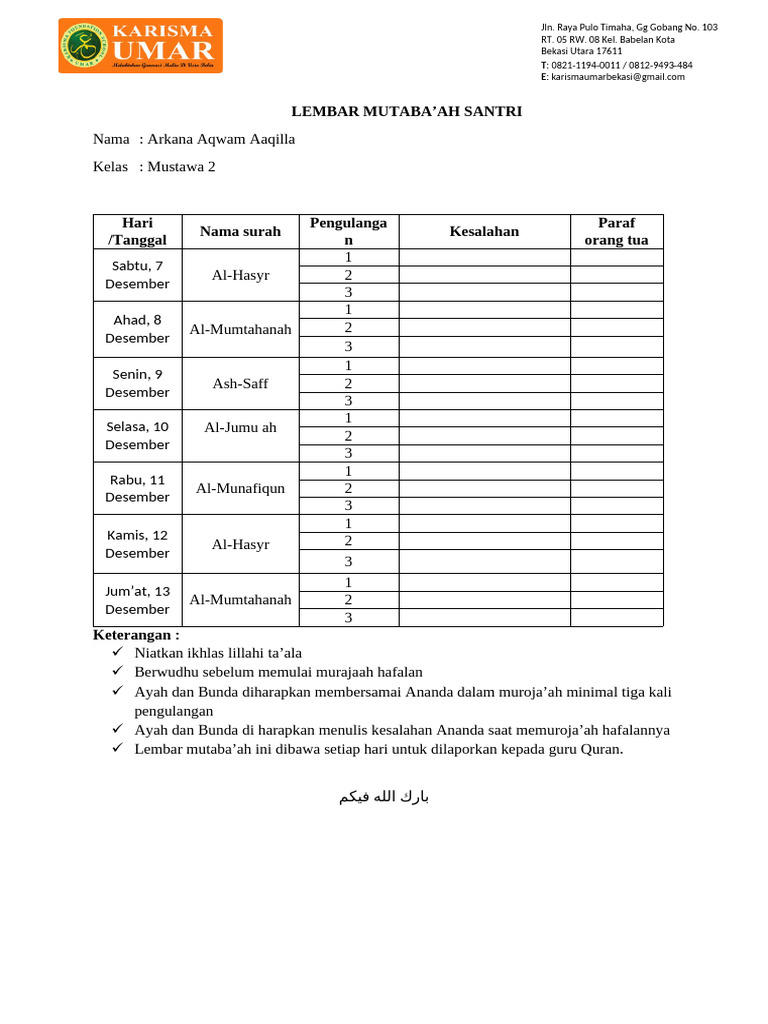 Lembar Mutabaah Bbai Ke 11 Kelas Mustawa 2 | PDF