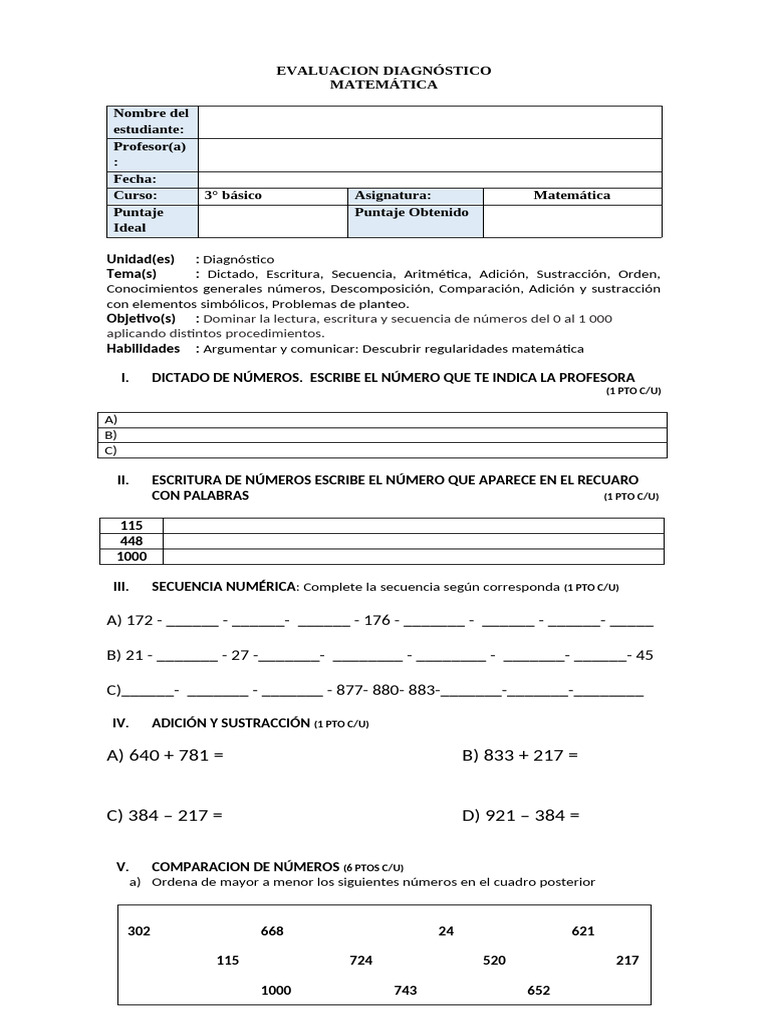 Evaluación Diagnóstica Matemática | PDF | Matemáticas | Aritmética