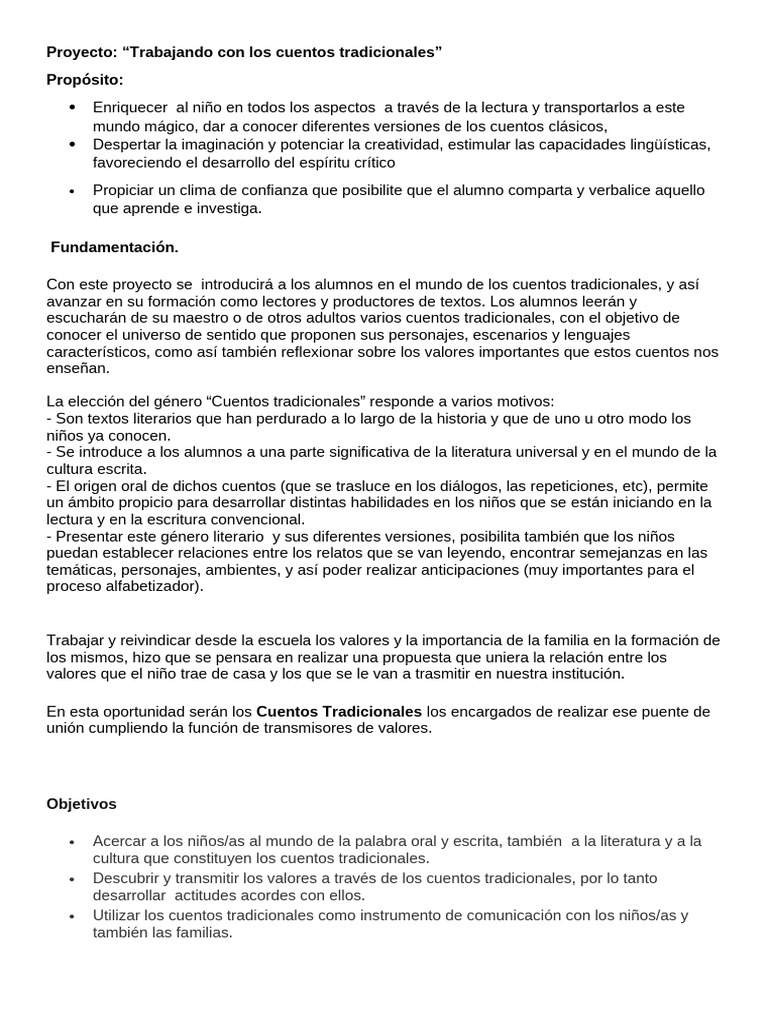 Proyecto Valores 1 Grado Con Cuentos Tradicionales | PDF | Enseñando