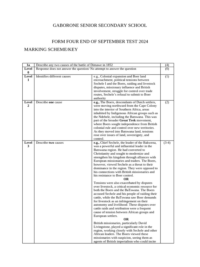 Form Four End of September 2024 Marking Key | PDF | Botswana | British ...