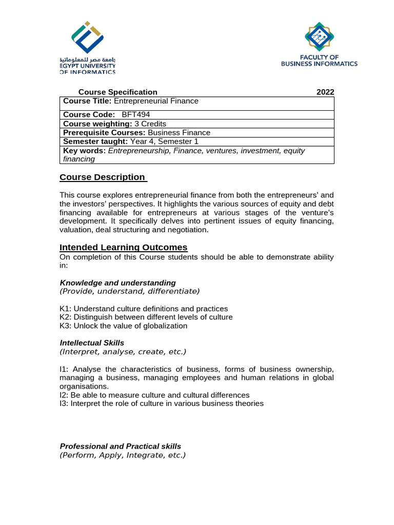 Entrepreneurial Finance Course Overview | PDF | Entrepreneurship ...