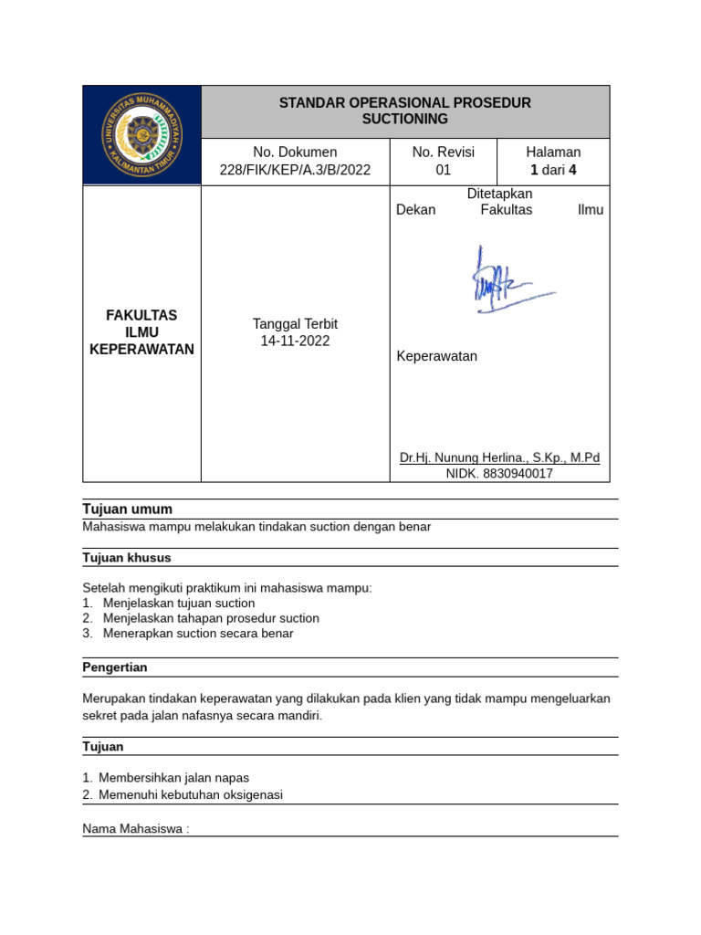 SOP Suctioning untuk Mahasiswa Keperawatan | PDF