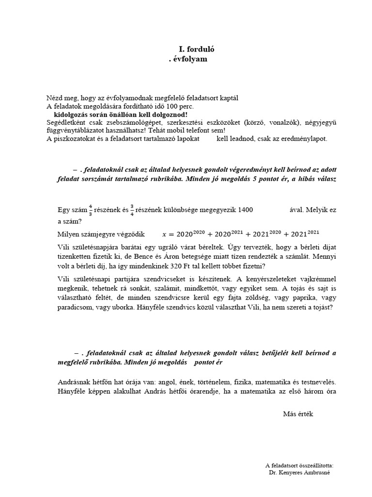 2021 1.fordulo Feladatsorok | PDF