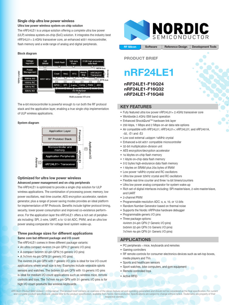 nRF24LE1: Single Chip Ultra Low Power Wireless | PDF | System On A Chip ...