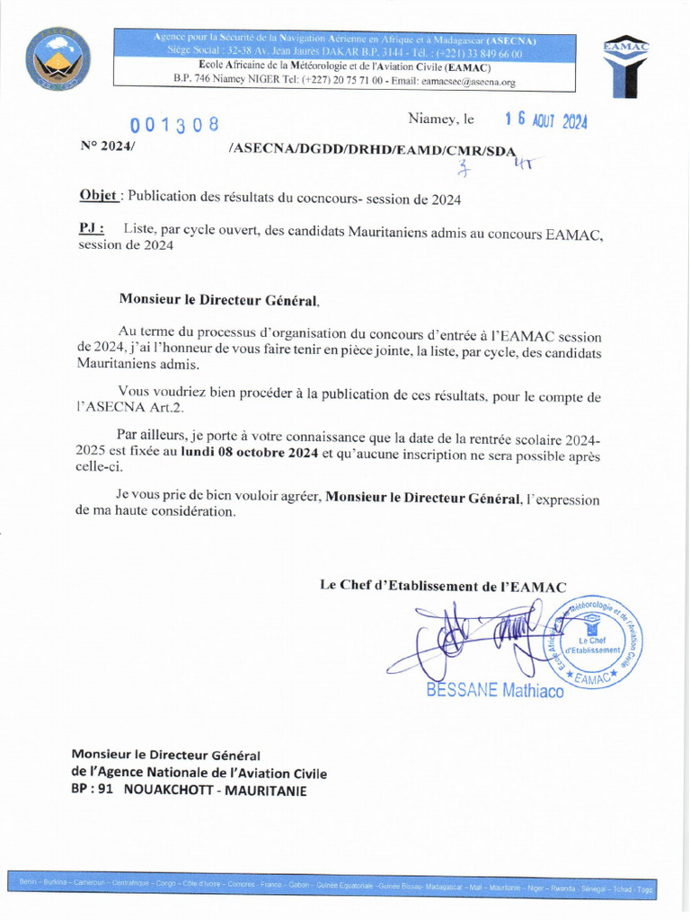 Lettre - 2024 - 001308 - ASECNA - DGDD - DRHD - EAMD - CMR - SDA - Publication Des Résultats Du ...