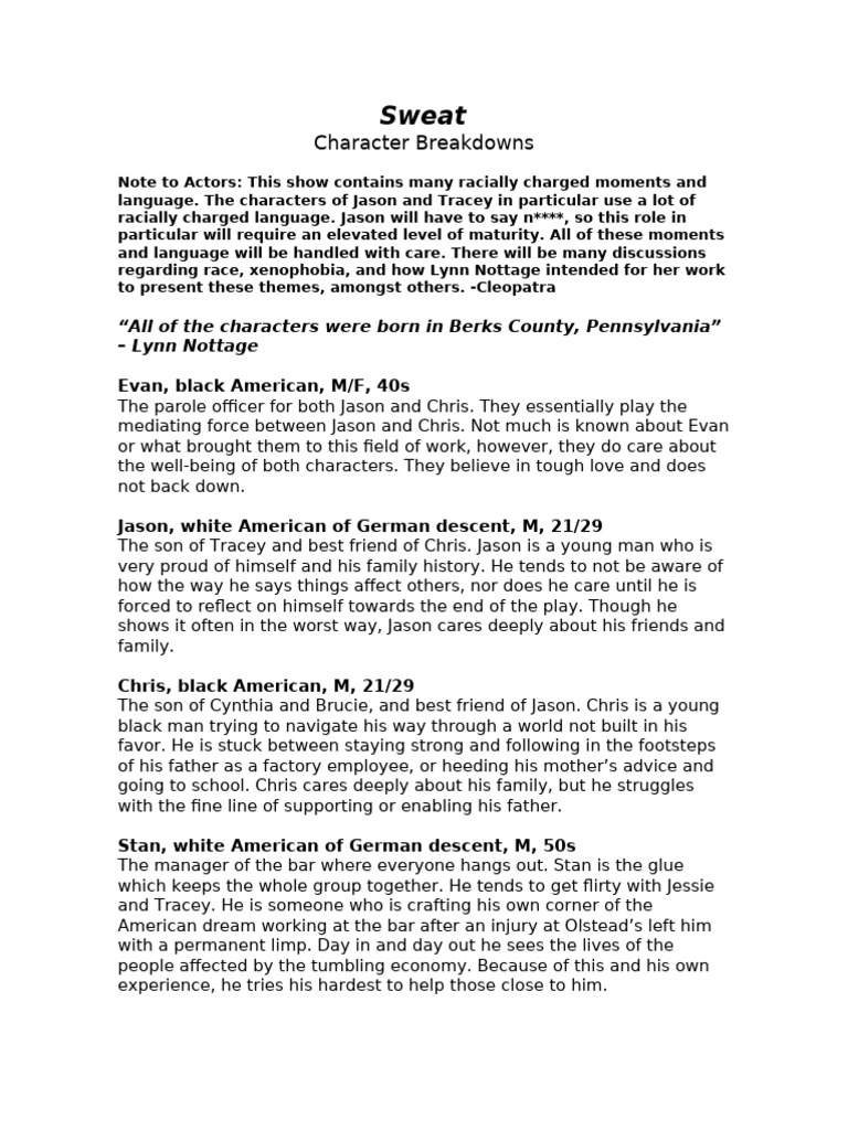 Sweat Character Breakdowns | PDF