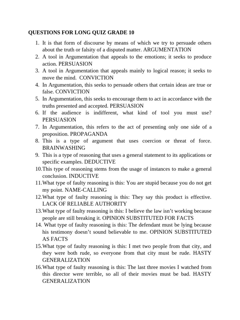 Questions For Long Quiz Grade 10 | PDF | Argument | Fallacy