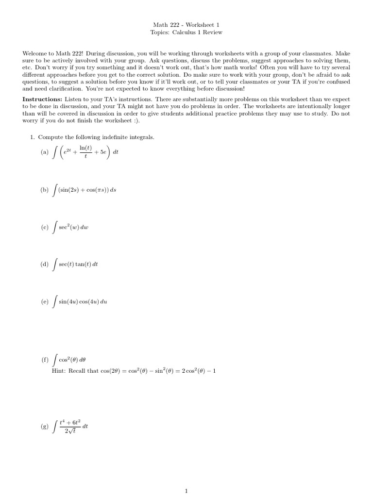 Calculus 1 Review Worksheet 1 | PDF | Area | Mathematical Analysis