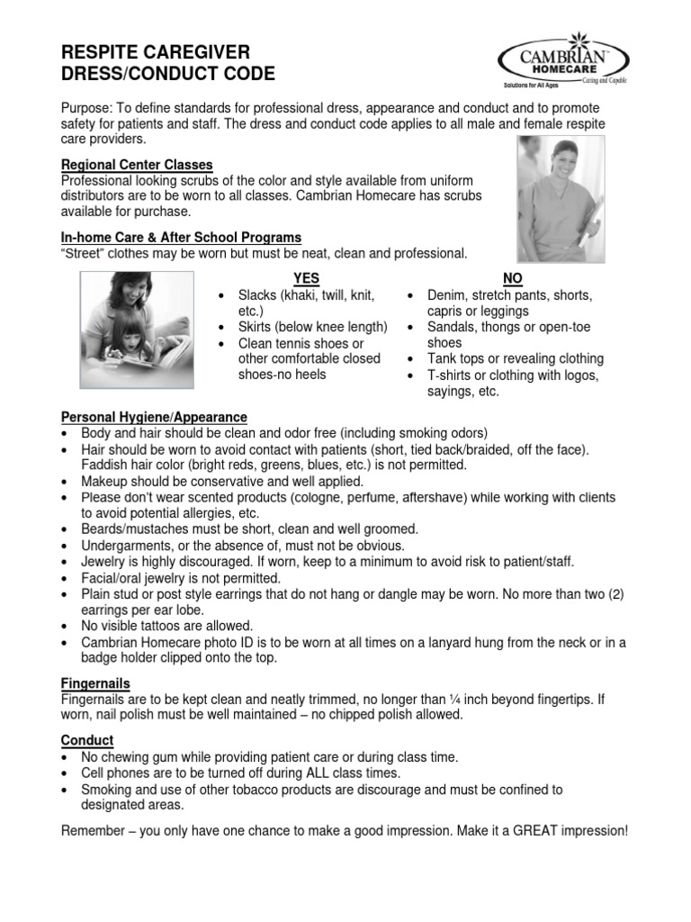 Respite Caregiver Dress Code | PDF | Trousers | Clothing