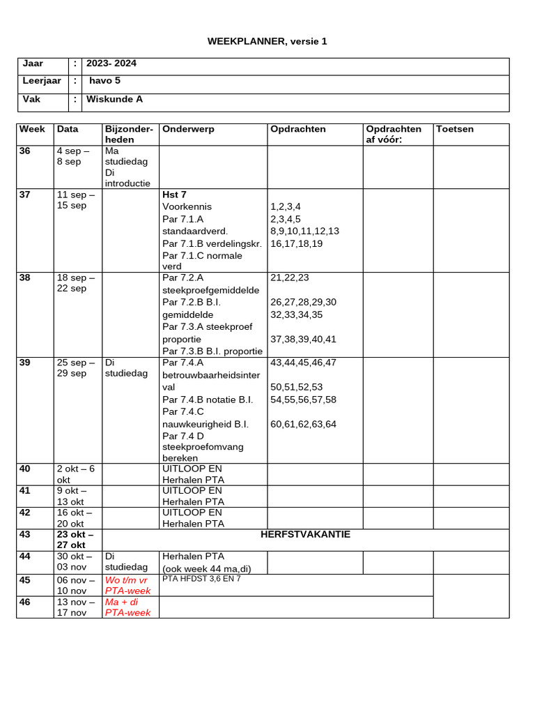 Weekplanner h5 WISA 2023-2024 | PDF