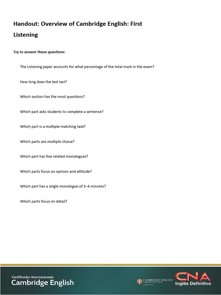 FCE - Handout Exam Format - Listening QUIZ | PDF