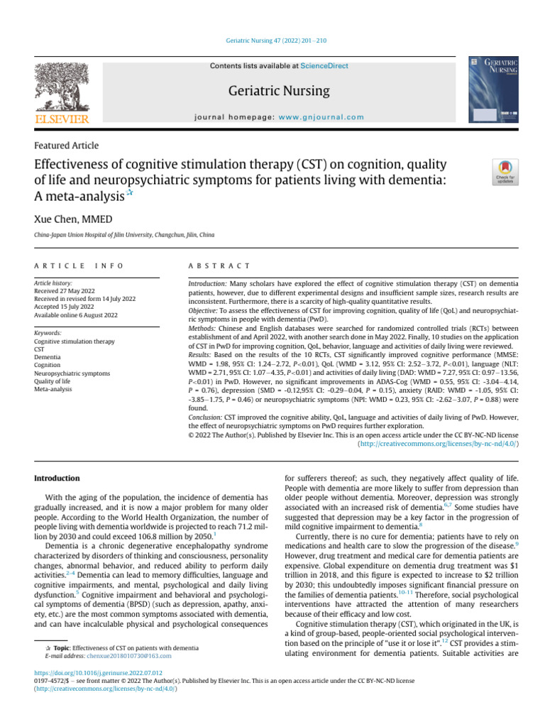 Effectiveness of Cognitive Stimulation Therapy (CST) On Cognition ...