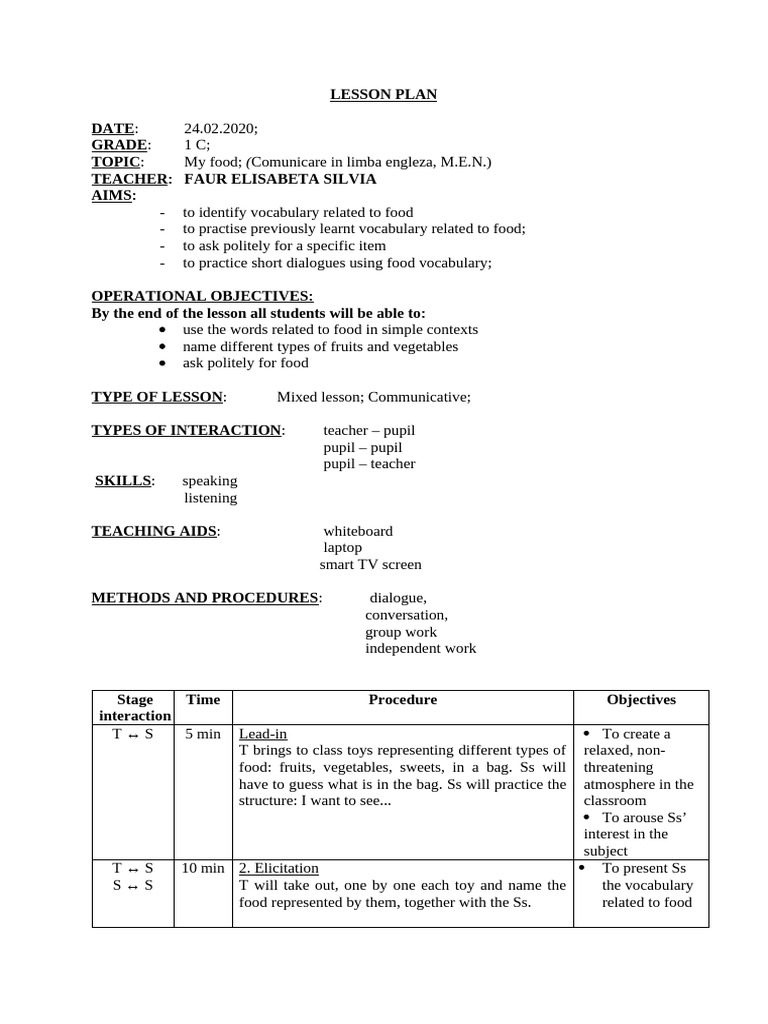 Grade 1 Food Vocabulary Lesson Plan | PDF | Orange (Fruit) | Vocabulary