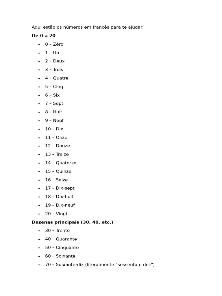 Números em Frances | PDF