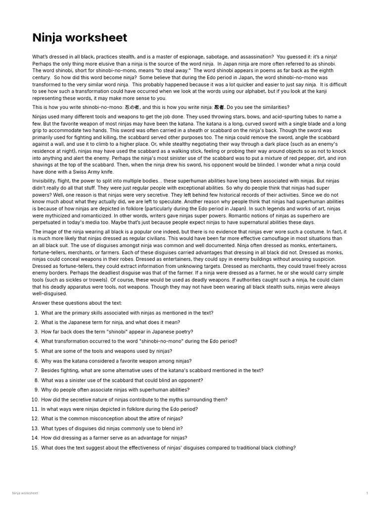 Ninja History Interpretarion Worksheet | PDF | Ninja