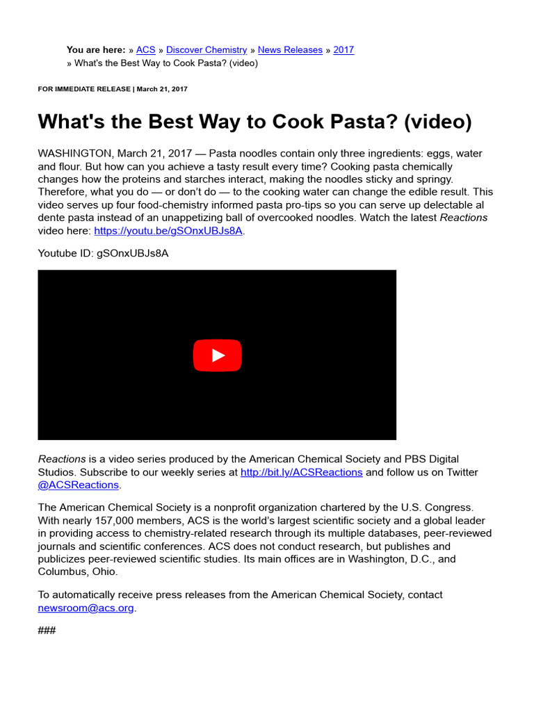 What's the Best Way to Cook Pasta? (video) - American Chemical Society ...
