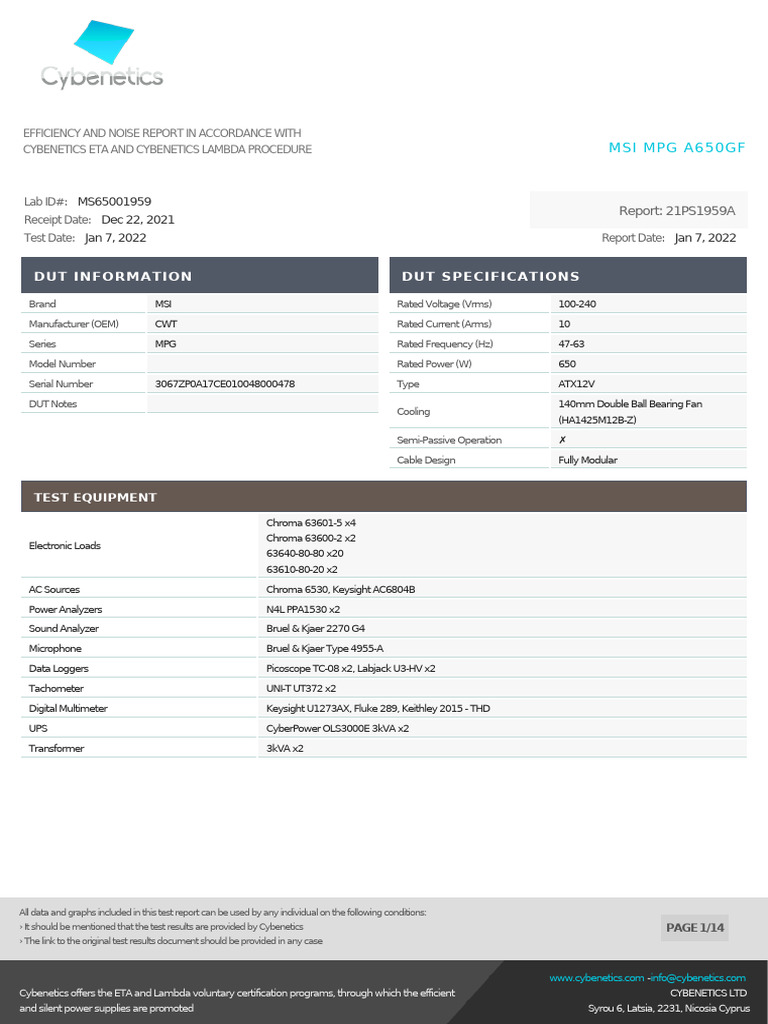 Cybenetics Evaluation Report MSI MPG A650GF | PDF | Power Supply ...
