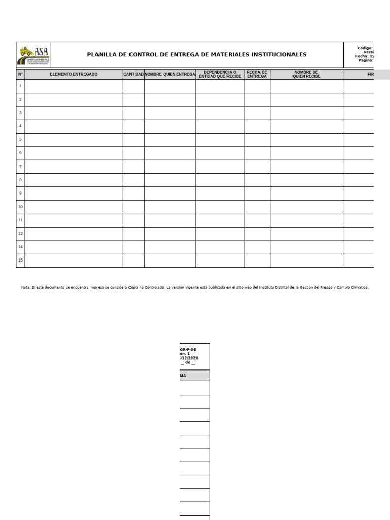 GR-F-36. Planilla de Control de Entrega de Materiales V3 | PDF